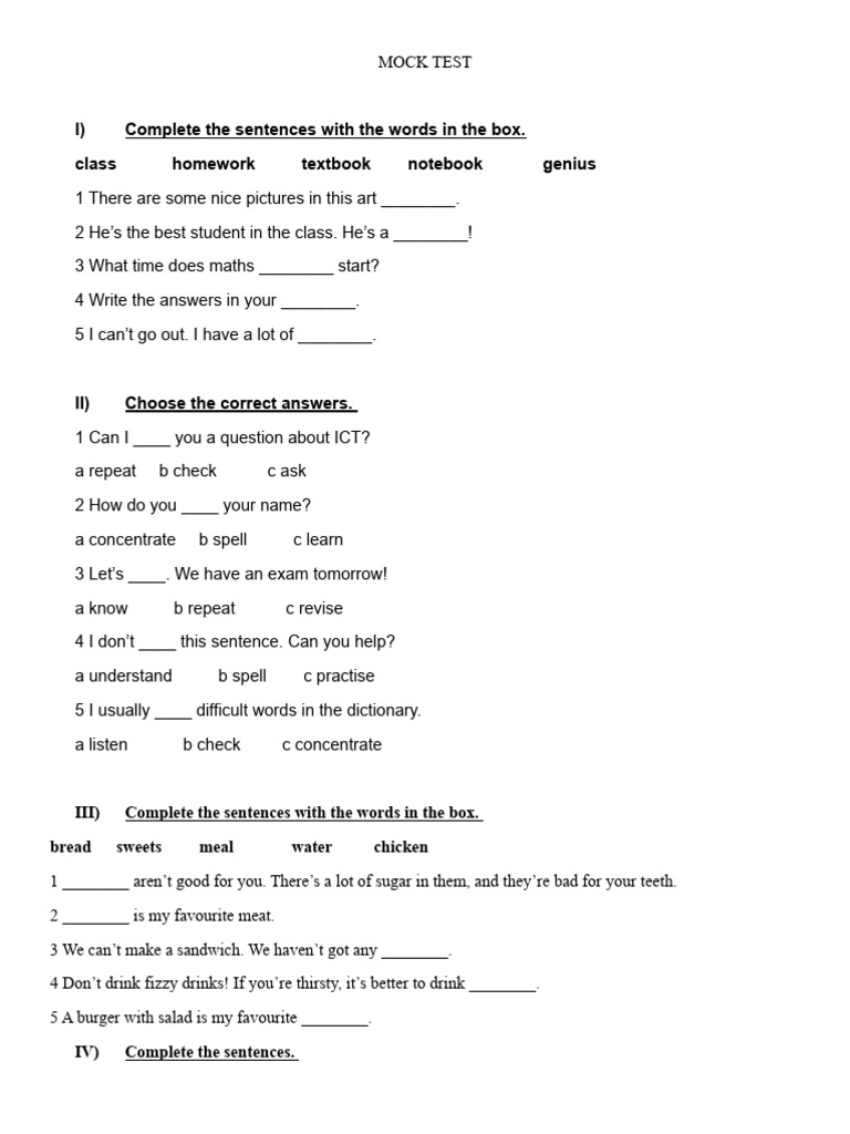 English Language Mock Test Exercise | PDF