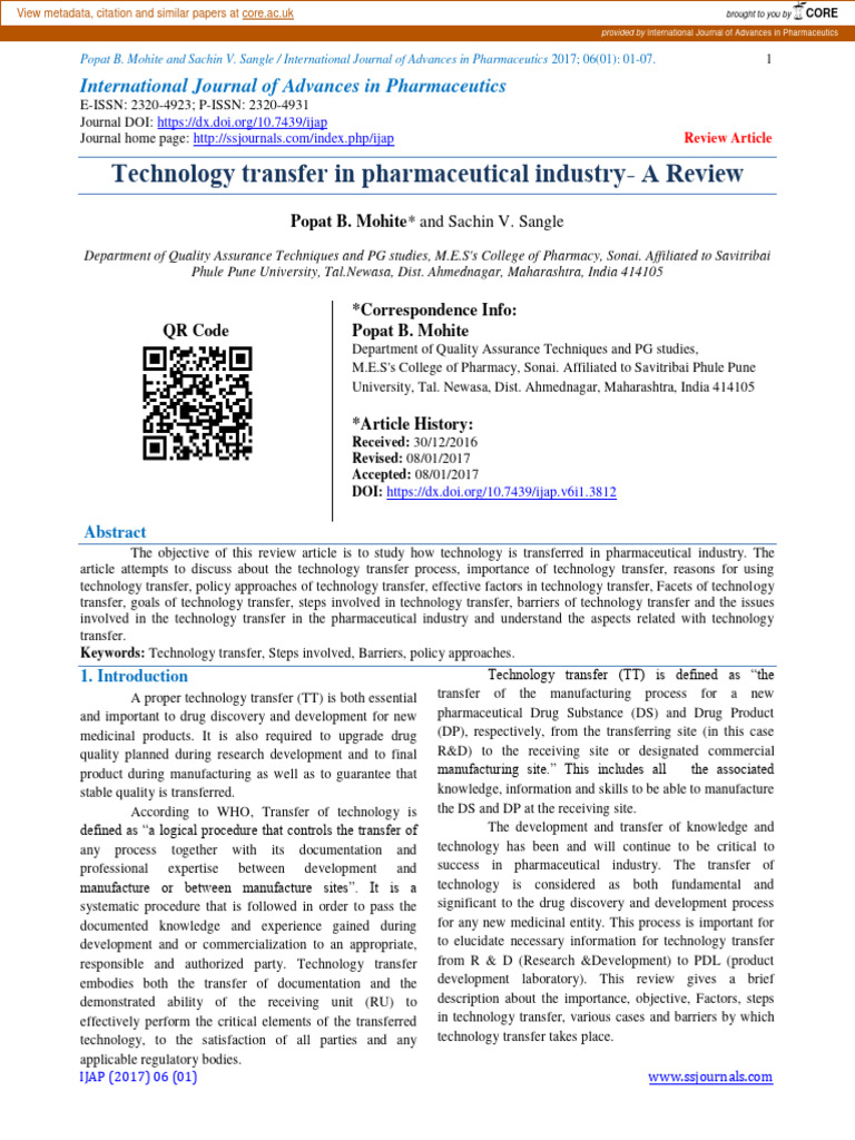 Technology Transfer in Pharmaceutical Industry | PDF | Specification ...