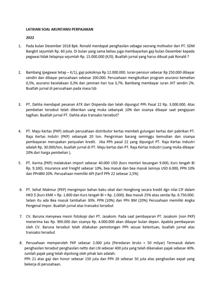 Soal Latihan Akuntansi Perpajakan 2022 | PDF