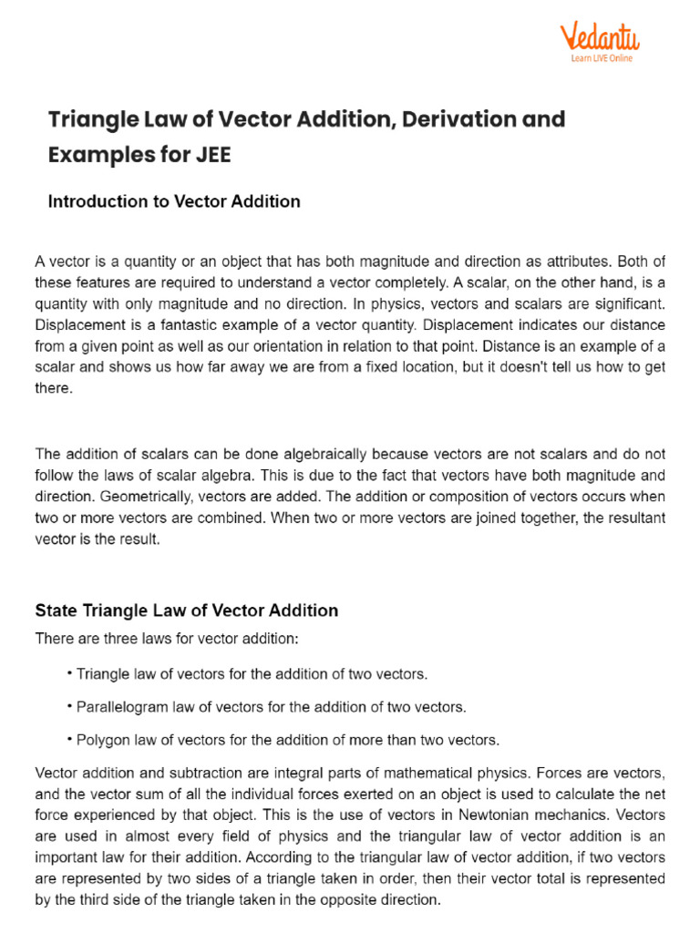 Triangle Law of Vector Addition, Derivation and Examples For JEE | PDF