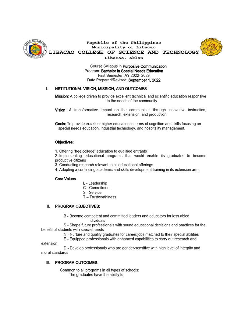 Purposive Communication BSNED Syllabus | PDF | Learning | Curriculum