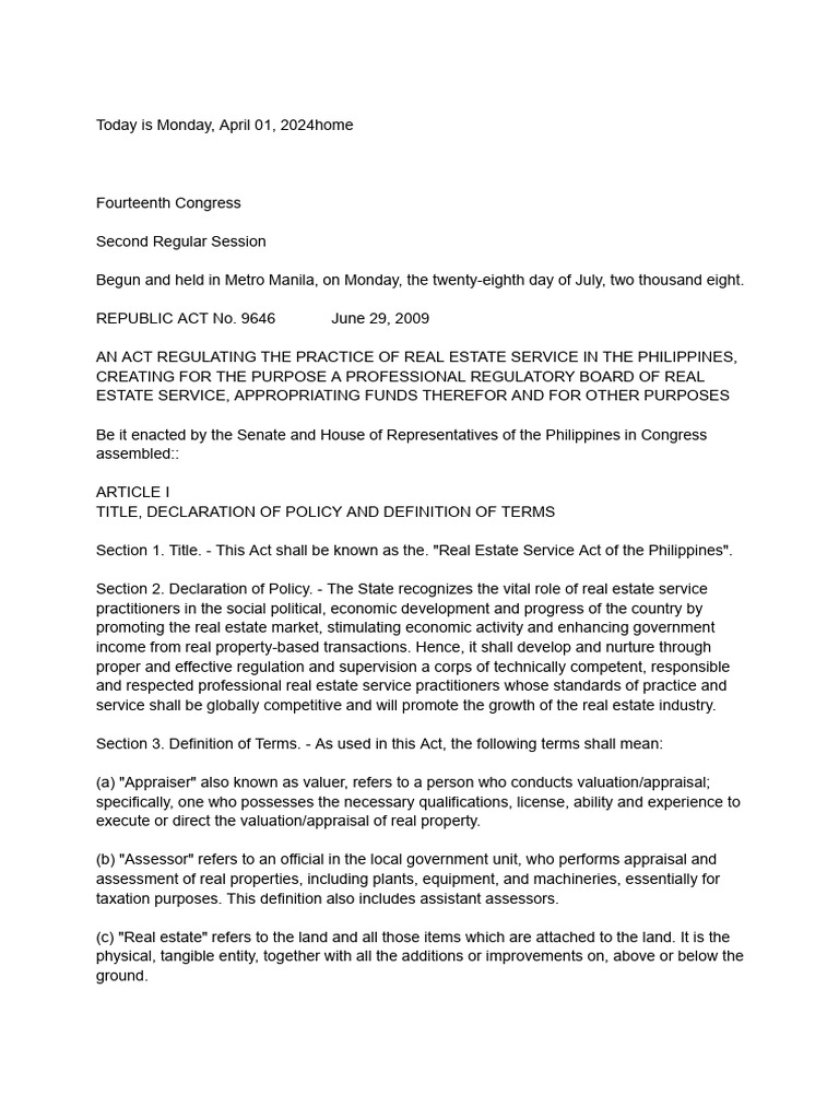 Ra 9646 RESA | PDF | Real Estate Appraisal