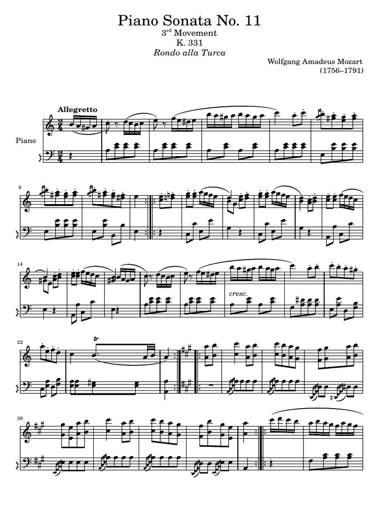 Piano Sonata No K RD Movement Rondo Alla Turca | PDF | Compositions For ...