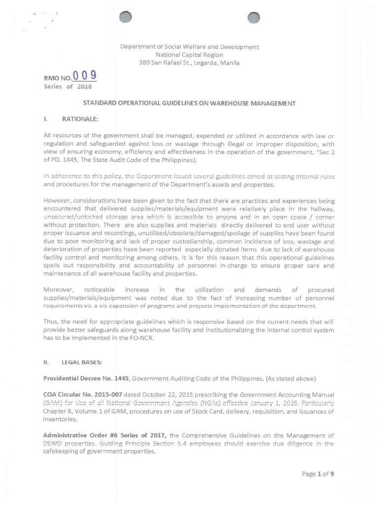 Standard Operational Guidelines On Warehouse Management | PDF