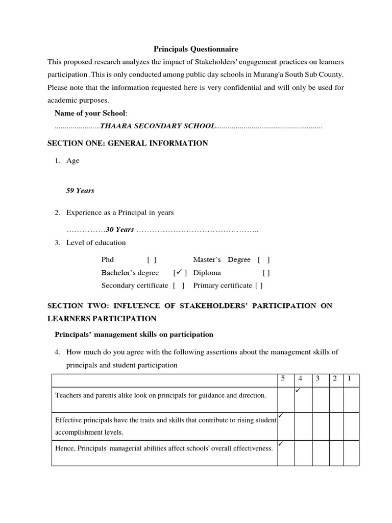 Principals Questionnaire | PDF | Teachers | Learning