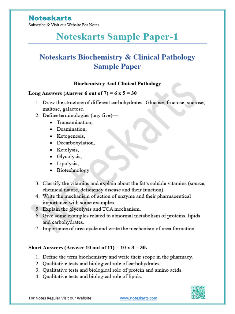 Biochemistry Clinical Pathology Sample Paper by Noteskarts | PDF ...