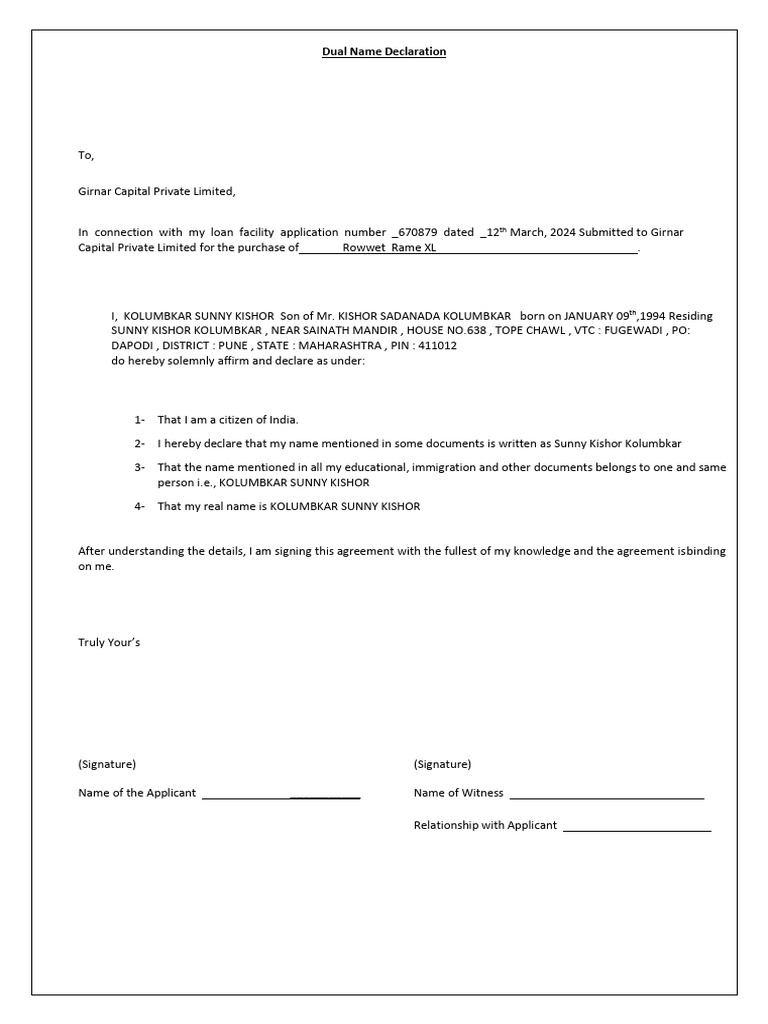 Sunny Kolumbkar Dual Name Declaration | PDF