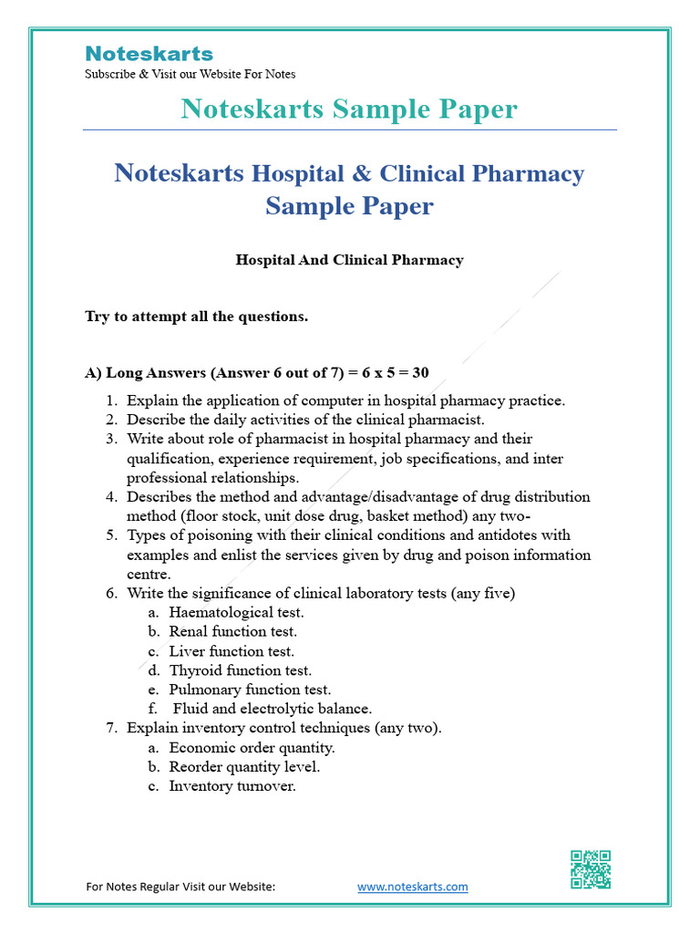 Noteskarts Hospital Clinical Pharmacy Sample Paper by Noteskarts | PDF ...