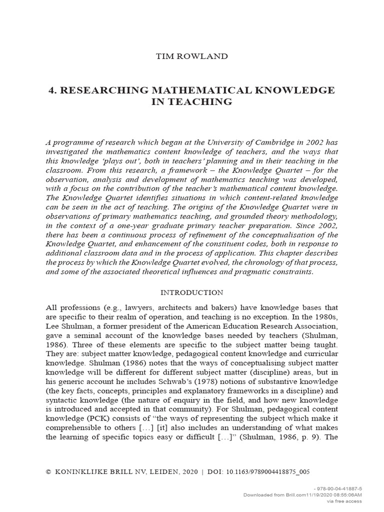 Rowland (2019) - Researching Mathematical Knowledge in Teaching | PDF | Teachers | Knowledge