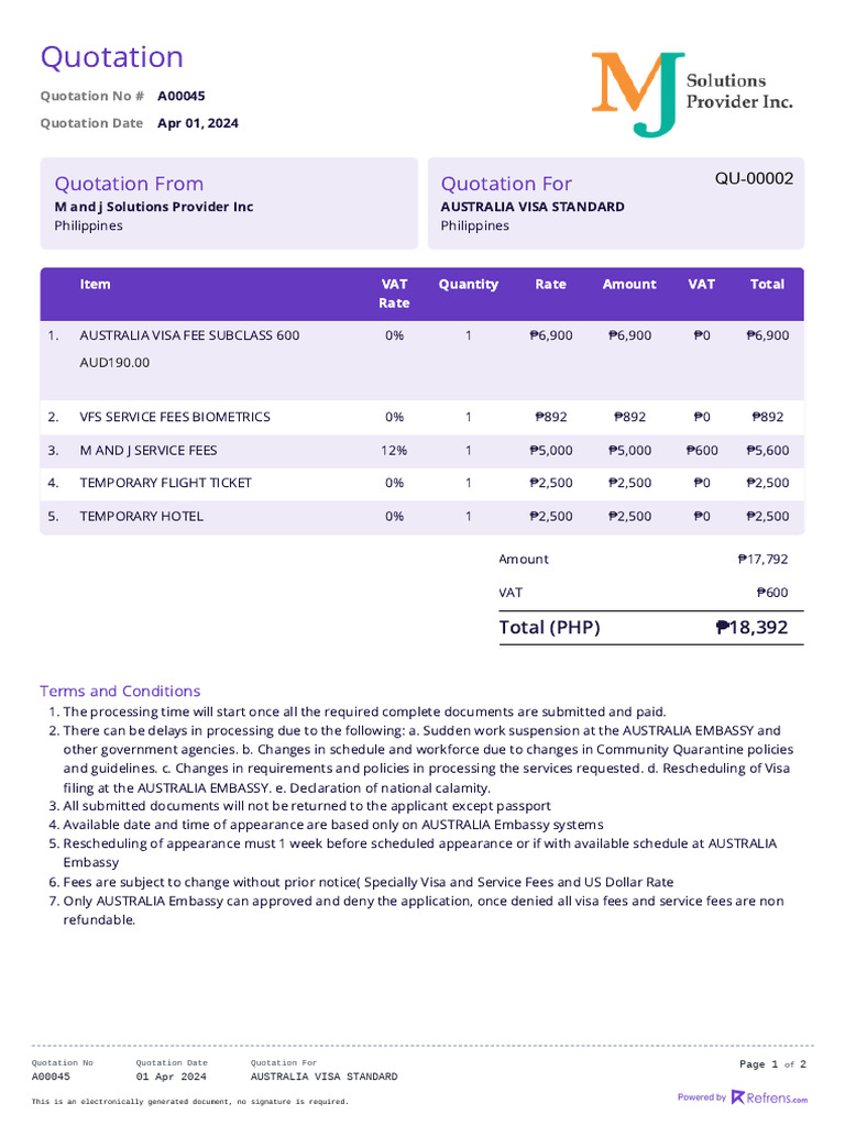 Quotation A00045 M and J Solutions Provider Inc Australia Visa Standard | PDF | Travel Visa ...