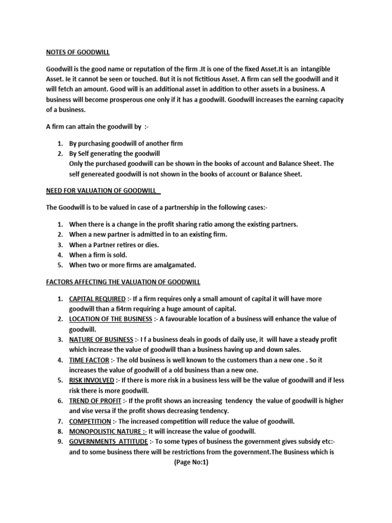 Notes of Goodwill Class 12 Cbse | PDF | Goodwill (Accounting ...