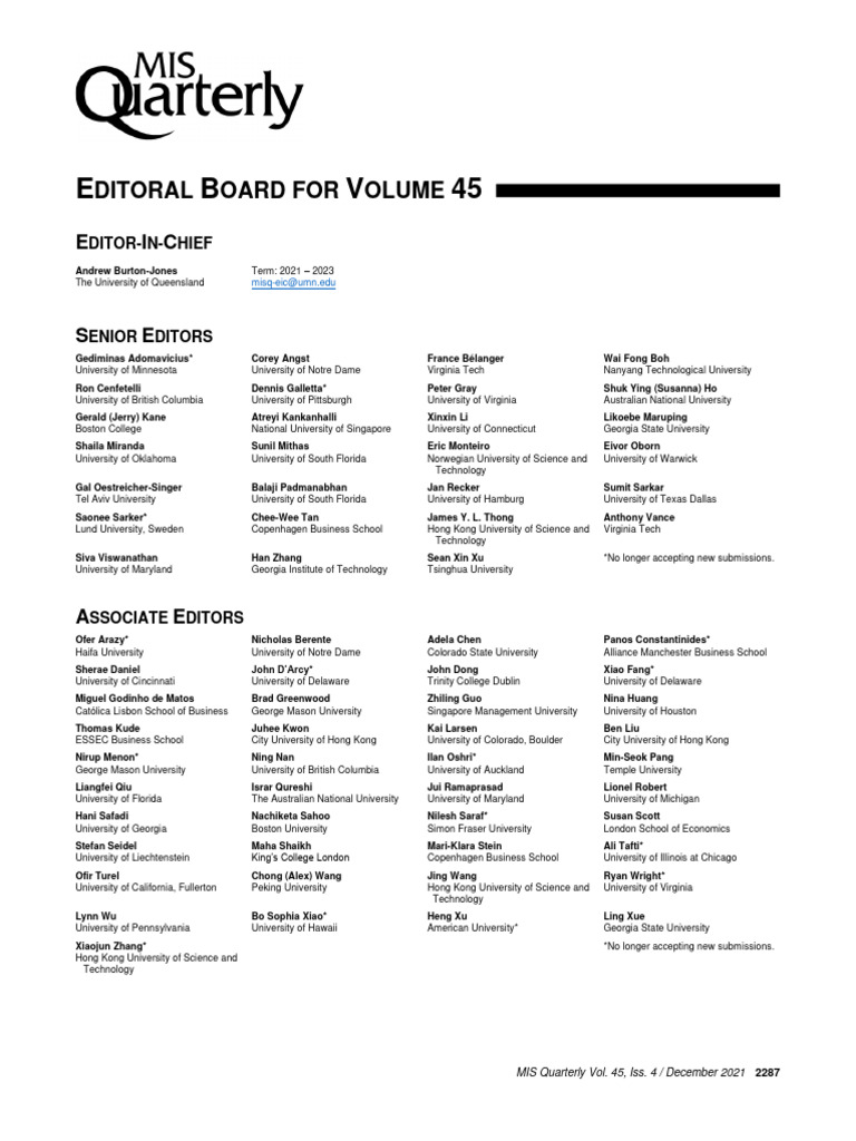 MIS Quarterly Volume 45 Editorial Board | PDF