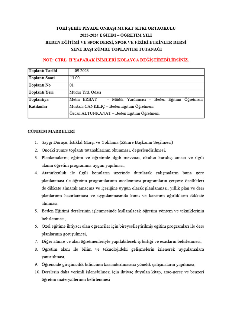 Beden Egitimi Ortaokul Zumre 2023 2024 | PDF