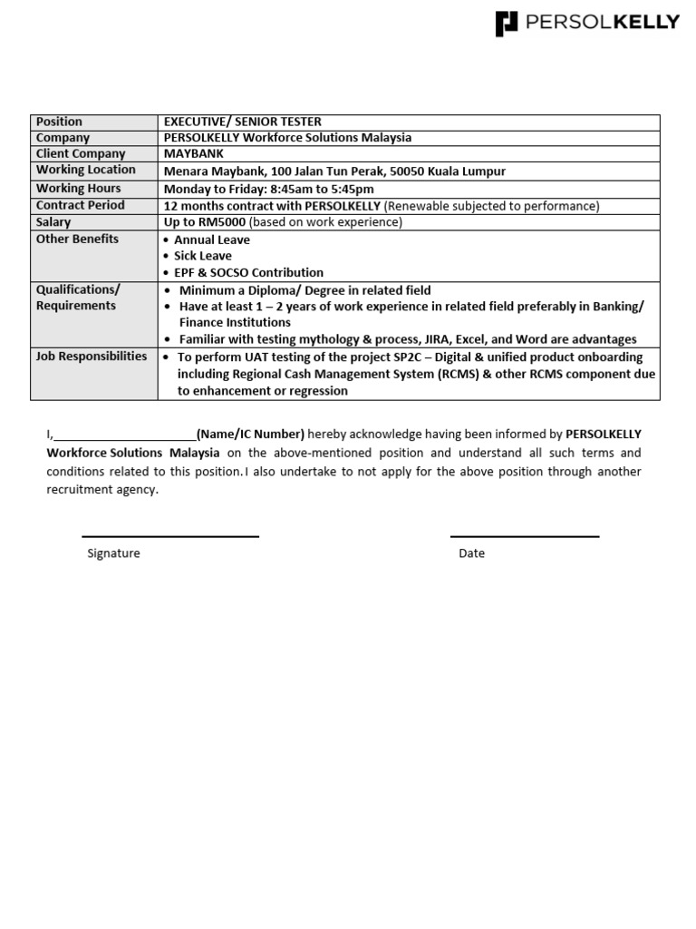 Maybank Executive Tester Job Description | PDF