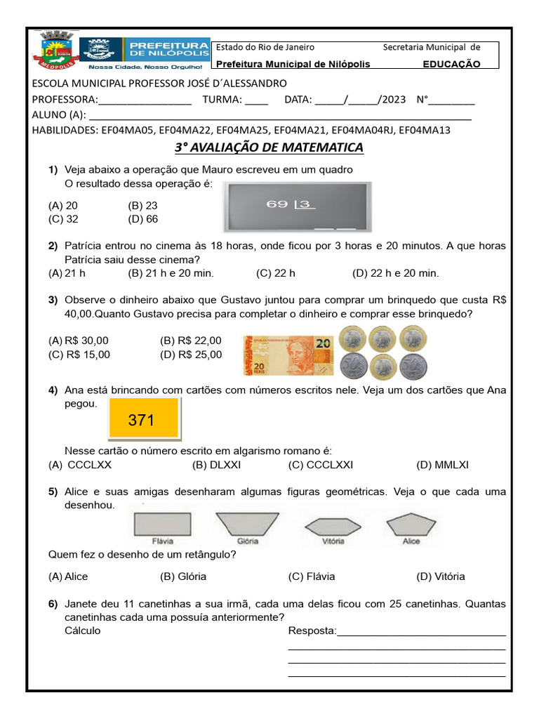 Prova Matemática 3º Bimestre | PDF