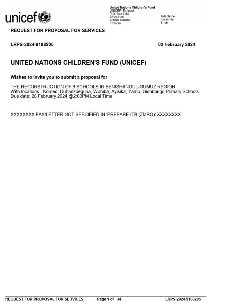 United Nations Children'S Fund (Unicef) : Request For Proposal For ...
