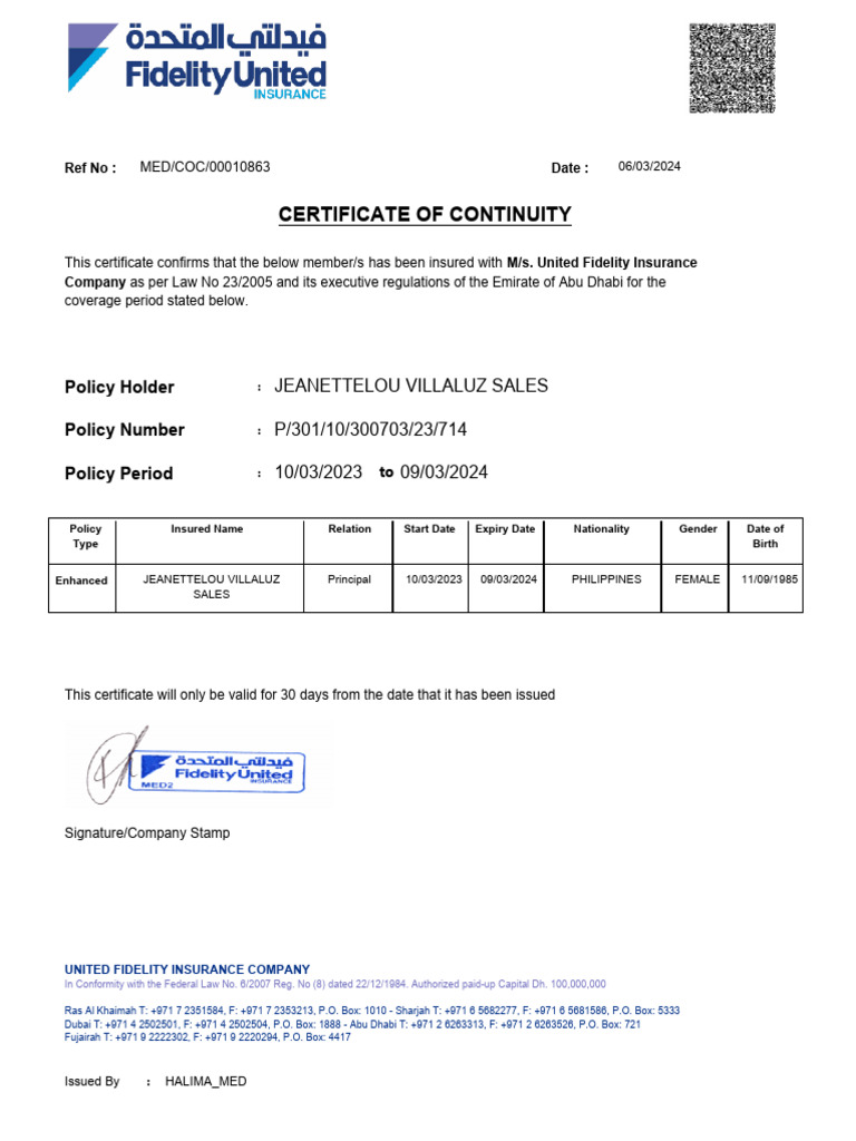 Insurance Continuity Certificate UAE | PDF