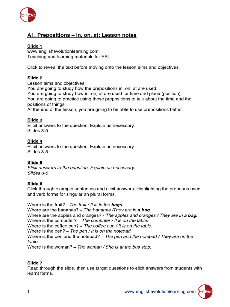A1. Prepositions - in On at - Lesson Notes | PDF | Grammar | Linguistic ...