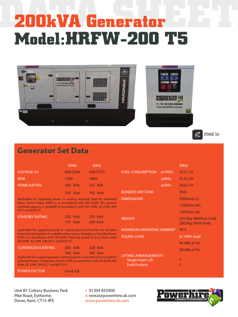 200kVA Himoinsa HRFW 200 T5 Data Sheet | PDF | Physical Quantities | Power Engineering