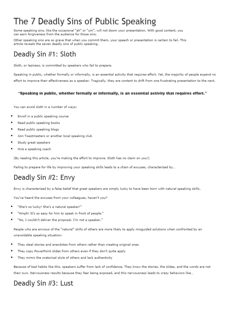 The 7 Deadly Sins of Public Speaking | PDF | Seven Deadly Sins | Public ...
