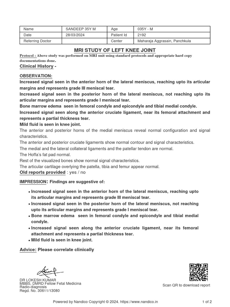 Sandeep 35y M 20240328 Report 1 | PDF | Knee | Lower Limb Anatomy