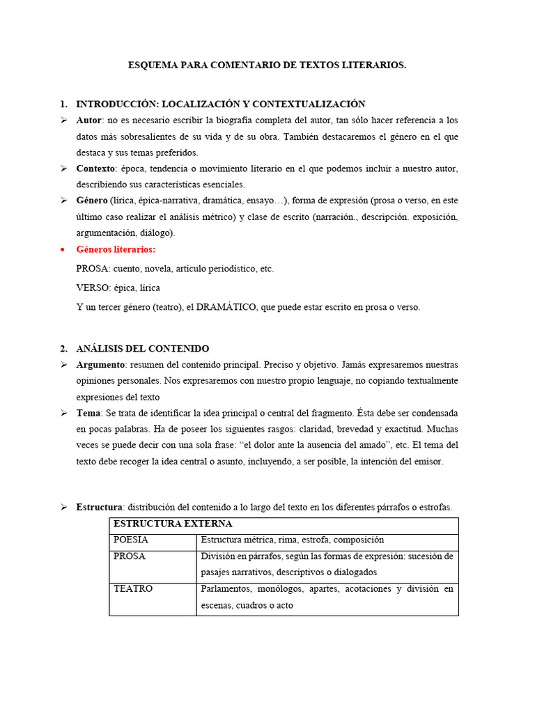 Esquema para Comentario de Textos Literarios. | Descargar gratis PDF | Narración | Prosa