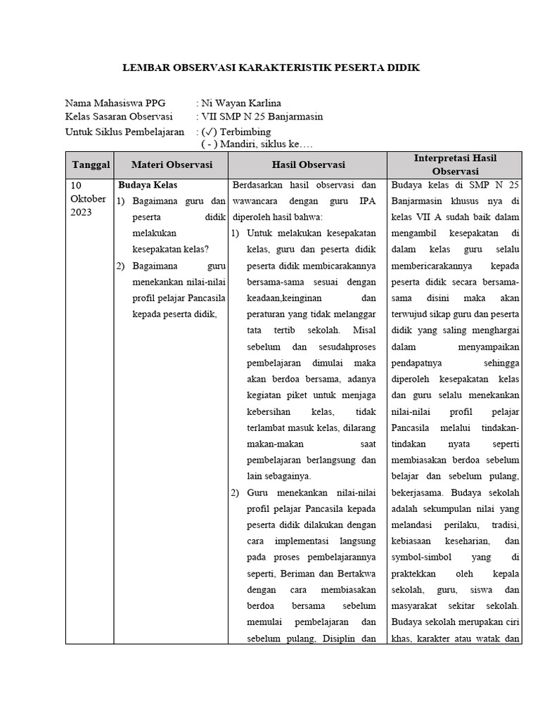 LK 2NI WAYAN KARLINA LKB Lembar Observasi Karakteristik Peserta Didik SMP N 25 Banjarmasin | PDF