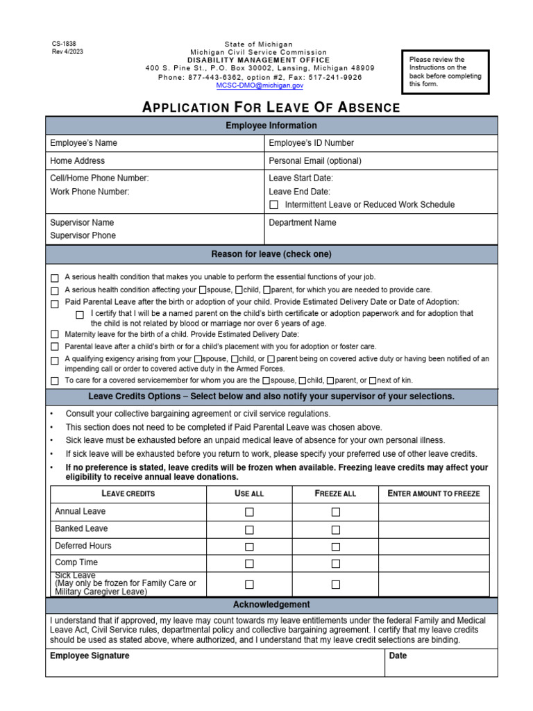 Michigan Leave of Absence Application | PDF | Sick Leave | Family And ...