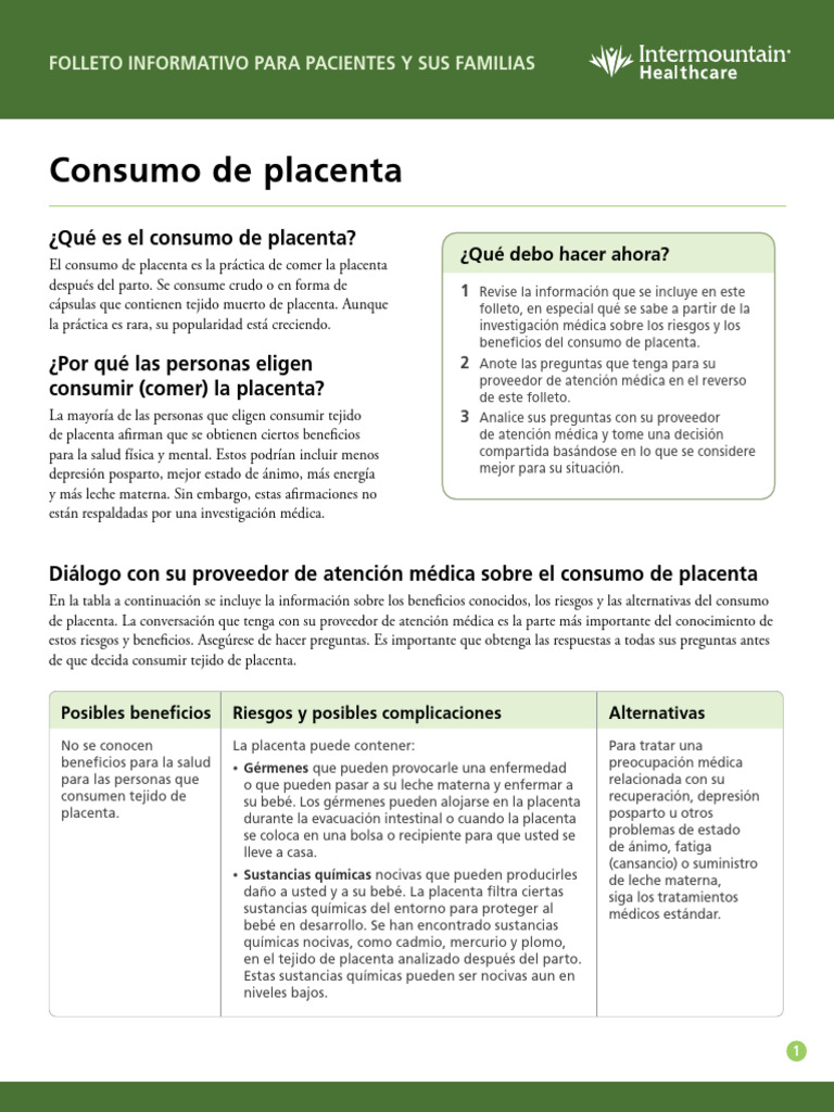 Placenta Consumption Spanish Fact Sheet | PDF | Placenta | La leche materna