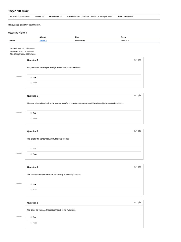 Topic 10 Quiz - MGMT 310 102 2020W Introduction To Finance | PDF | Investing | Stocks