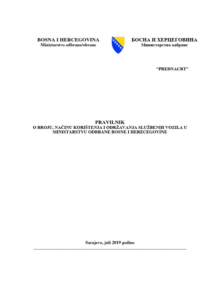 Pravilnik o Broju, Načinu Korištenja Službenih Motornih Vozila U MO BiH ...