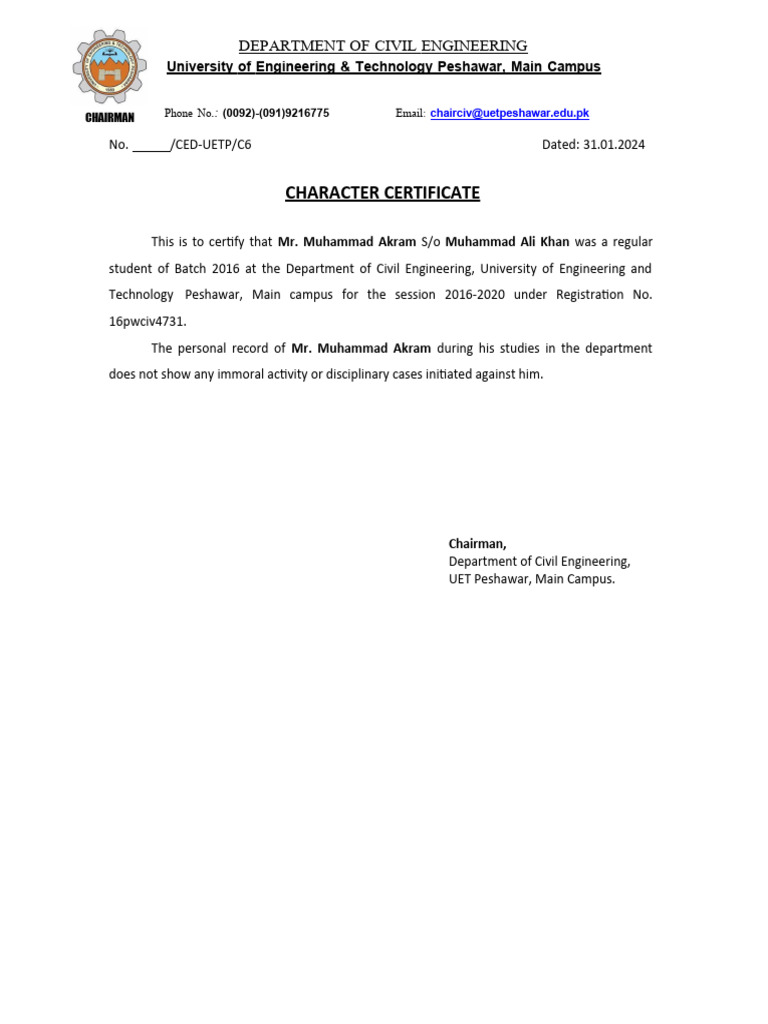 UET Peshawar Character Certificate | PDF