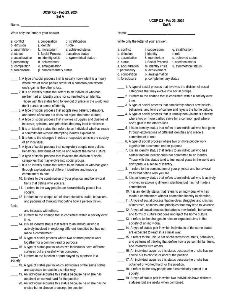 UCSP Quiz | PDF | Identity (Social Science) | Society