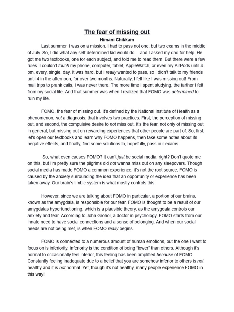 FOMO-Original Oratory Speech - Himani Chikkam | PDF | Amygdala | Fear
