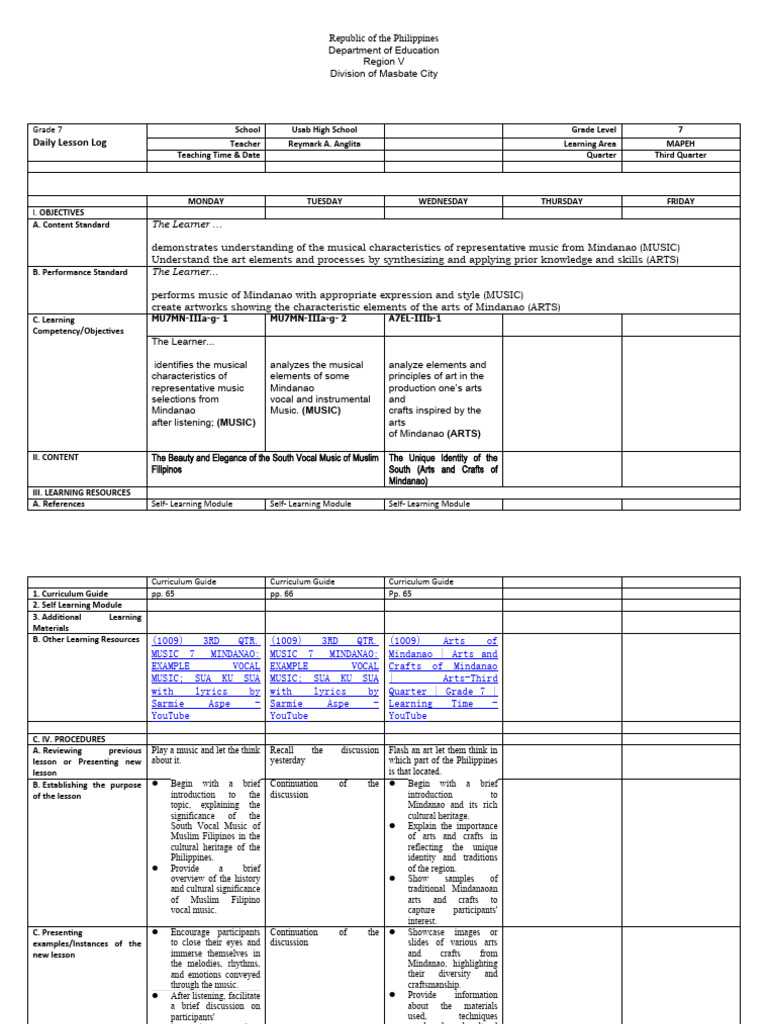 Grade 7 MAPEH Lesson on Mindanao Arts | PDF | Learning | Curriculum