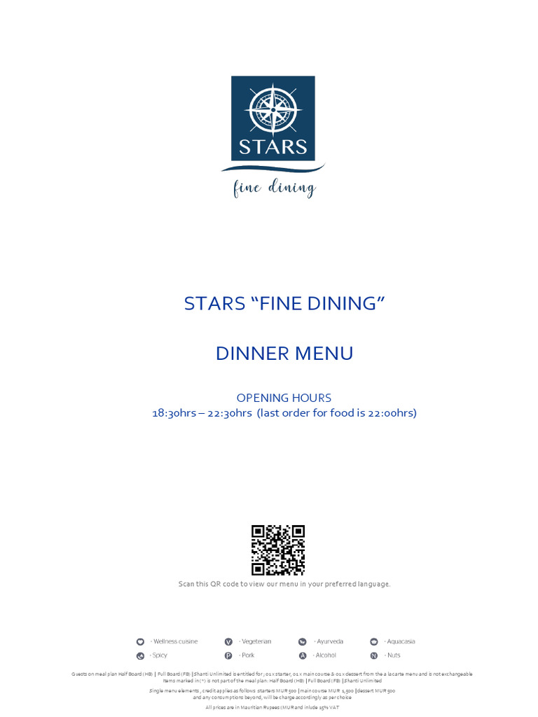 Shanti Maurice Resort Spa - Stars Fine Dining A La Carte Dinner Menu ...