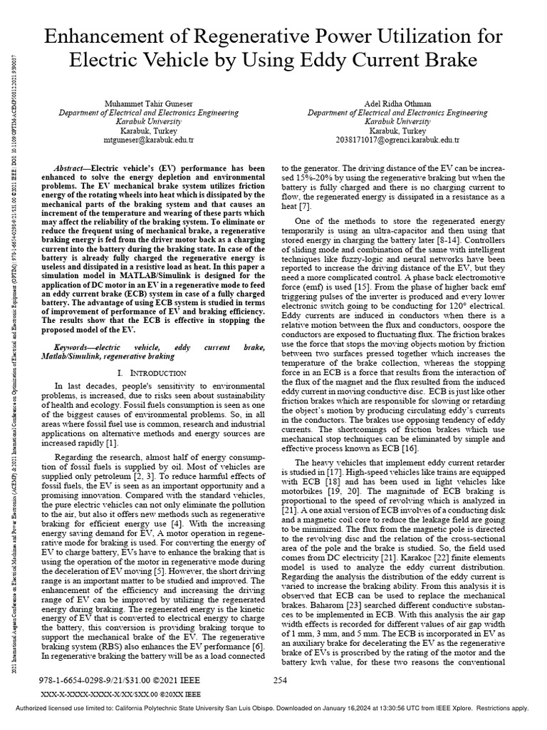 Enhancement of Regenerative Power Utilization For Electric Vehicle by Using Eddy Current Brake ...