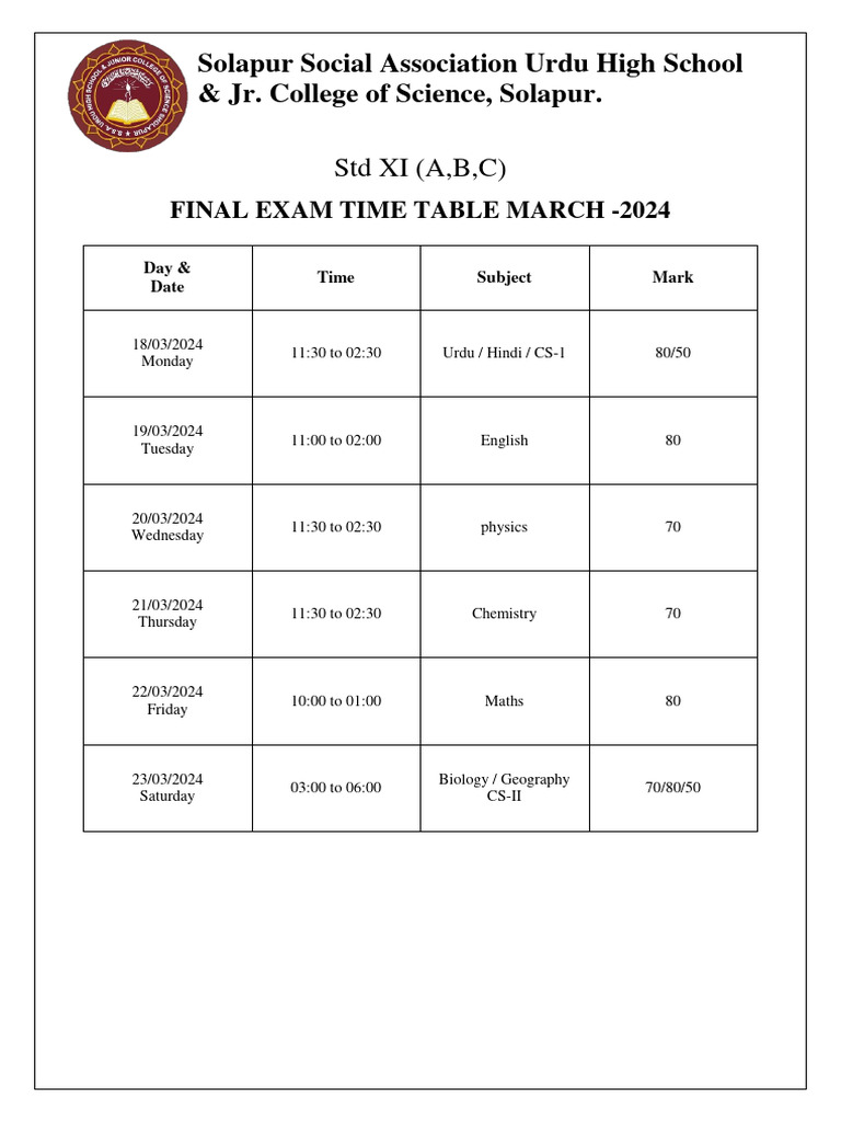 Xi Final Exam Time Table March 2024 | PDF
