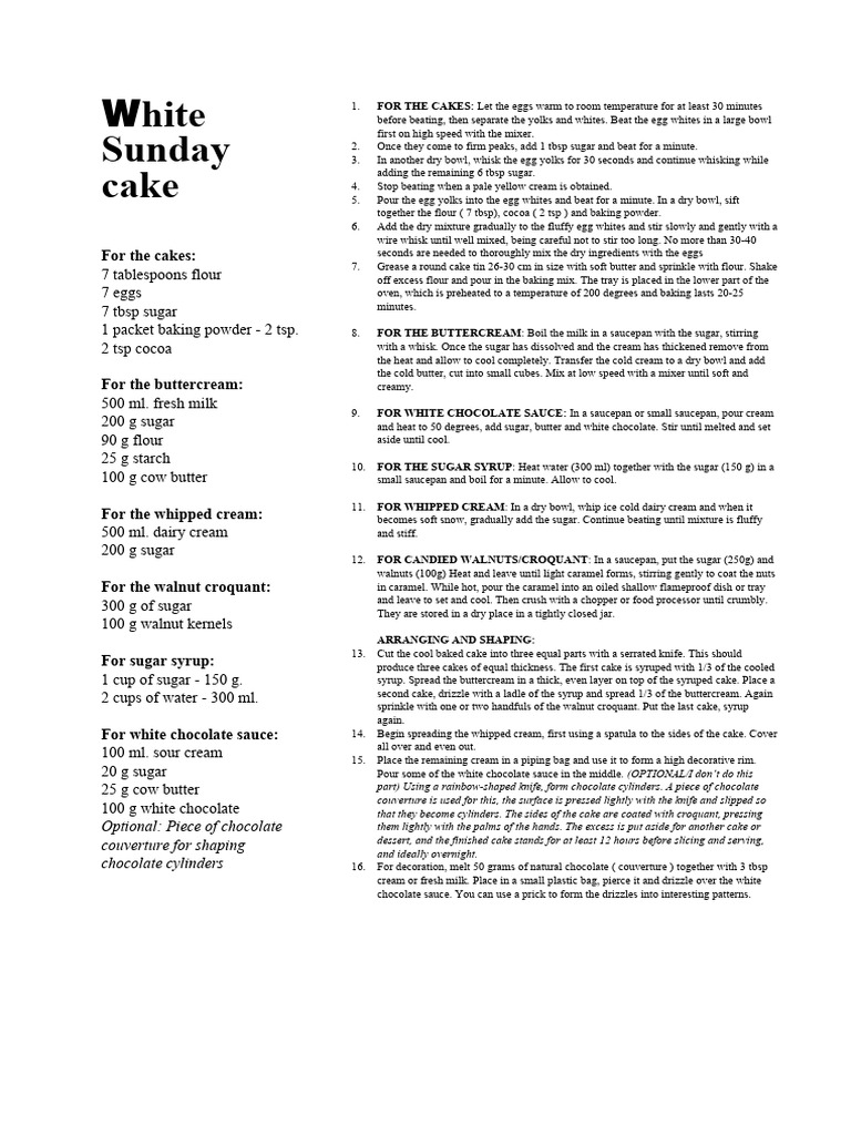 White Sunday Cake Recipe Guide | PDF | Cakes | Caramel