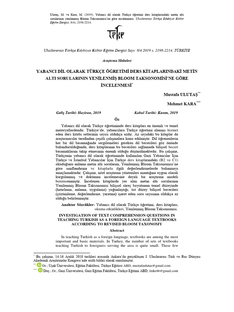 Yabanci D - L Olarak T - RK - e - Ret - M - Ders K - Taplarindak - Met - N Alti Sorularinin Yen ...