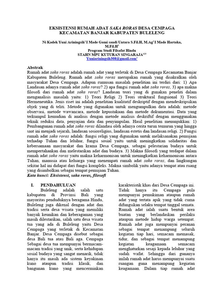 Eksistensi Rumah Adat Saka Roras Desa Cempaga Kecamatan Banjar Kabupaten Buleleng | PDF