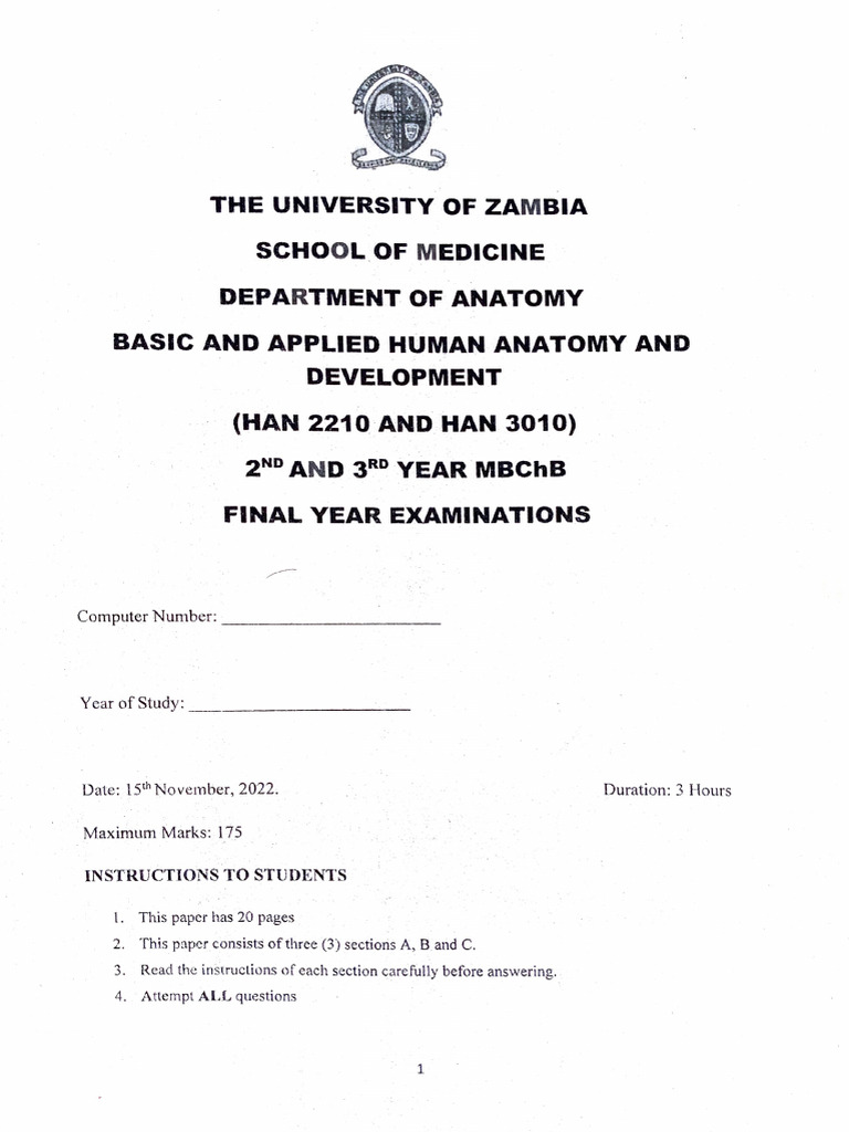 5.anatomy Final Exam 2022 DR Mukape | PDF