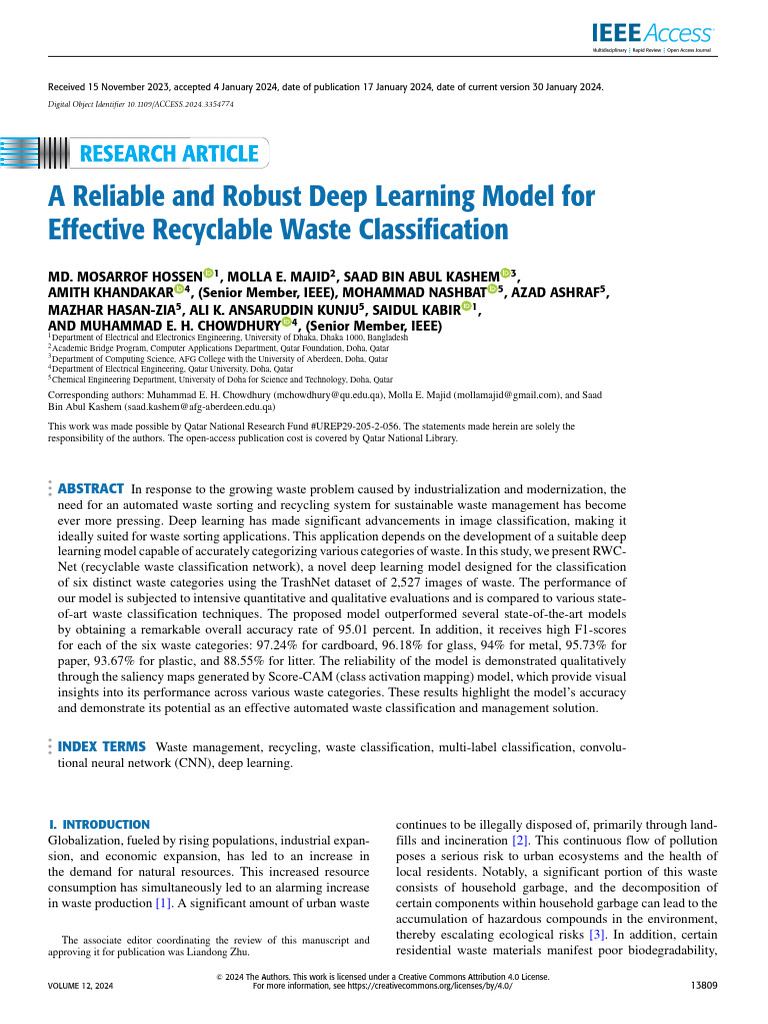 A Reliable and Robust Deep Learning Model For Effective Recyclable Waste Classification | PDF ...