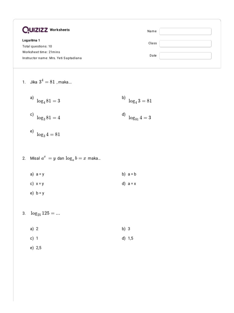 Logaritma Worksheet for Students | PDF