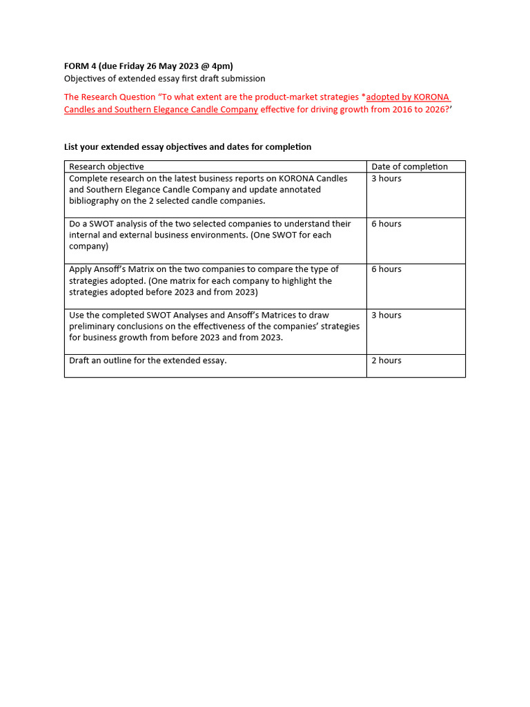 Form 4 Objectives of Extended Essay First Draft Submission | PDF | Swot Analysis | Cognition