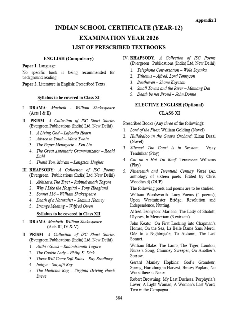 ISC Appendix I Prescribed Books 2026 | PDF | Poetry
