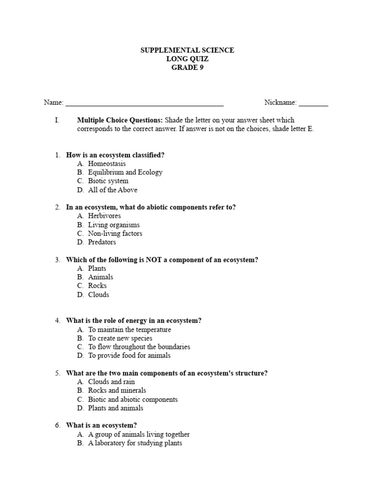 Grade 9 Ecosystem Quiz Questions | PDF | Ecosystem | Pollination