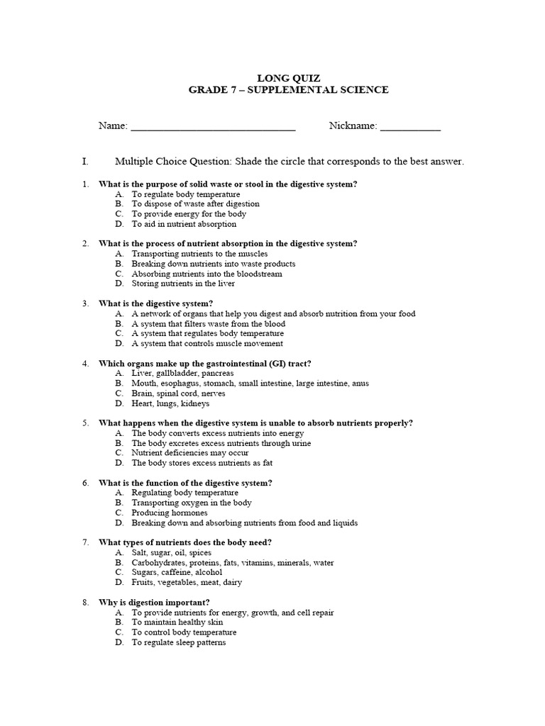 Long Quiz For Health Grade 7 | PDF | Human Body | Gastrointestinal Tract