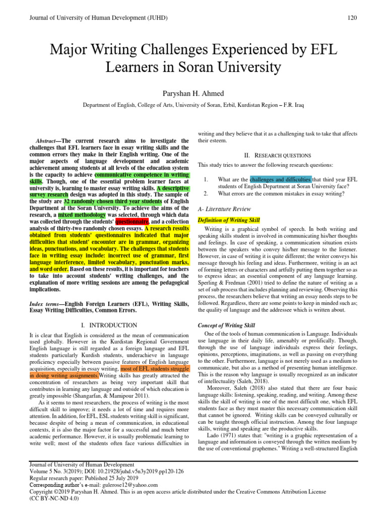 Major Writing Challenges Experienced by EFL in Soran University ...