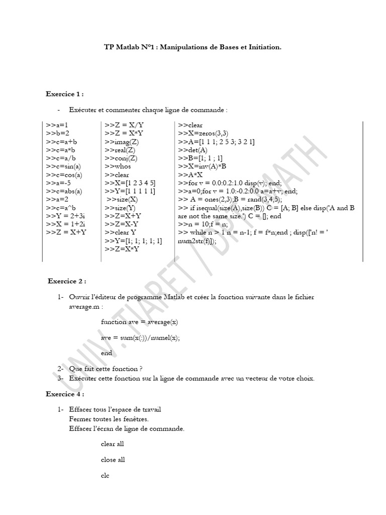 TP Matlab : Initiation et Manipulations | PDF | Loi normale | Matrice ...